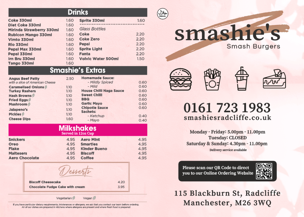 Menu | Smashies, Radcliffe - Orders online via our website and app.