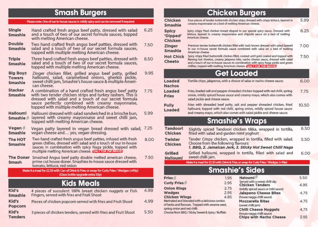 Menu | Smashies, Radcliffe - Orders online via our website and app.